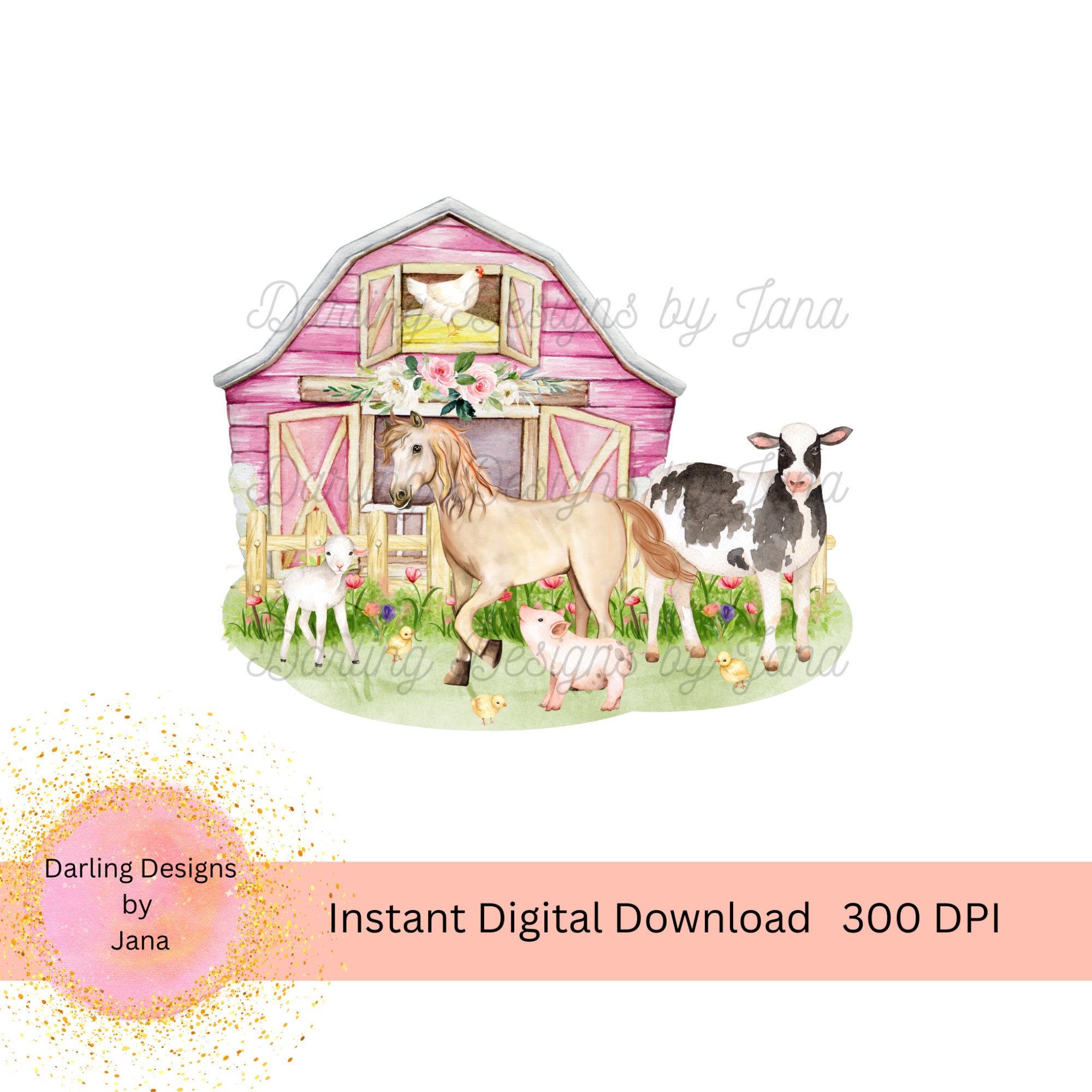 Pink Barn With Farm Animals PNG, Farm Printable, Instant Digital ...