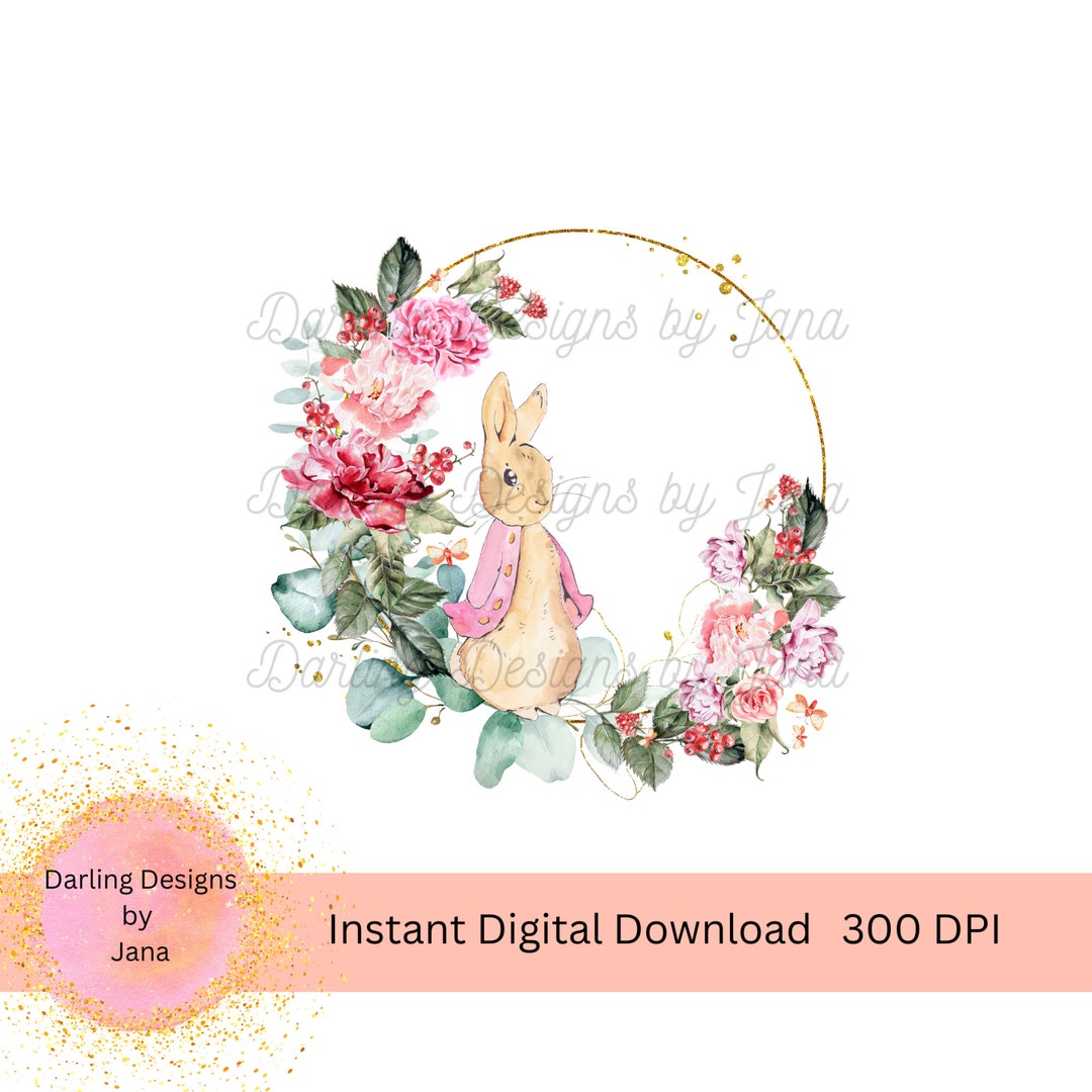 Flopsy Rabbit in Red, Pink Floral, Gold Wreath PNG, Printable, Instant ...