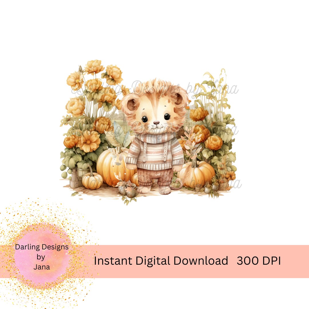 Fall Lion With Pumpkins and Flowers PNG, Fall Printable, Instant ...