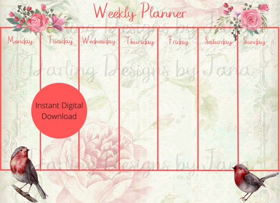 Printable Weekly Planner With Roses and Birds JPG Printable - Etsy