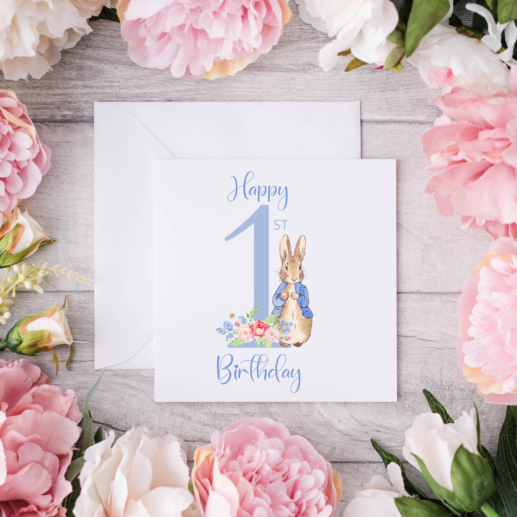 Peter Rabbit Happy 1st Birthday PNG Printable, Blue Floral, Instant ...