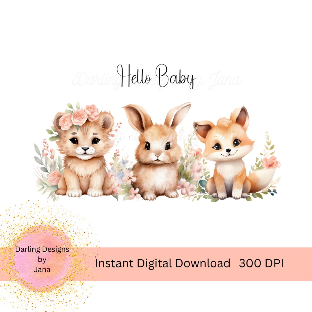 Hello Baby, Baby Animals PNG, Baby Shower, Instant Digital Download ...
