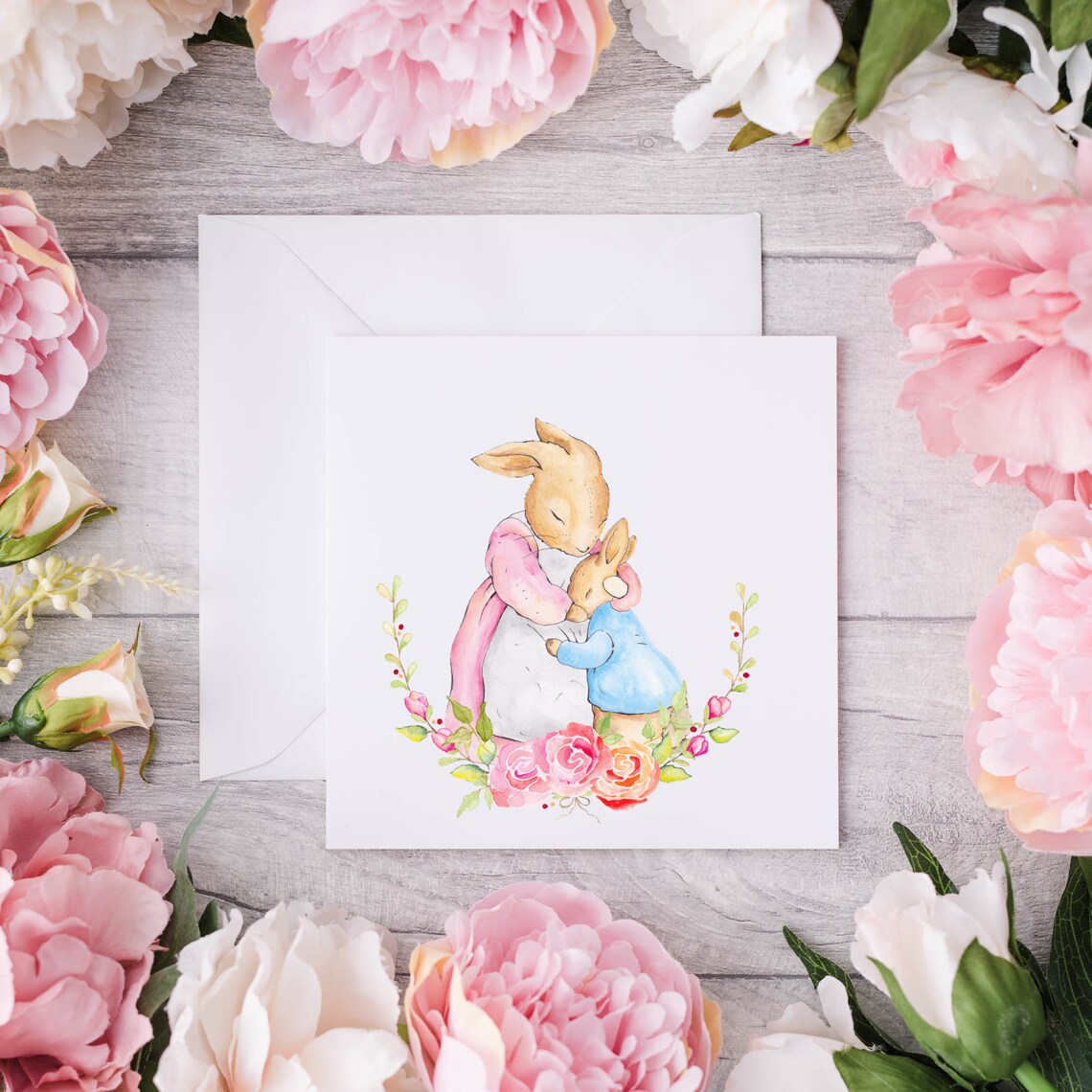 Peter Rabbit and Mom Rabbit Hugging With Floral Bouquet PNG, Mother's ...
