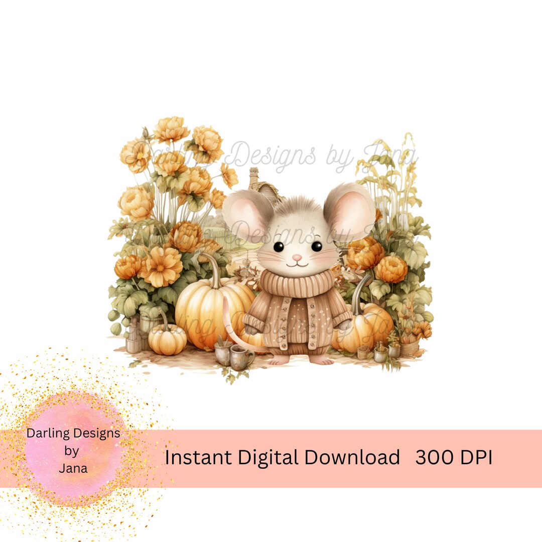 Fall Mouse With Pumpkins and Flowers, Fall Printable, Instant Digital ...