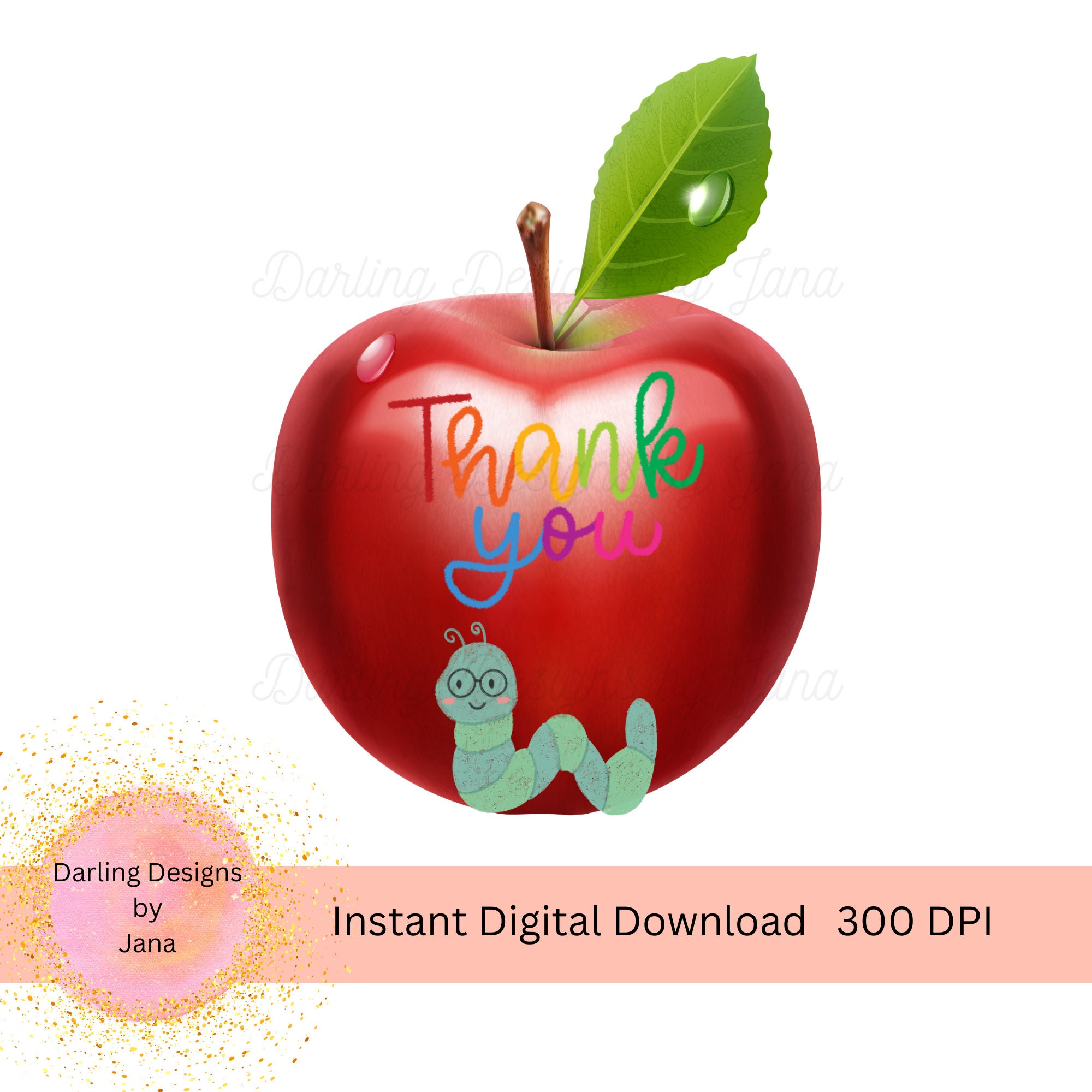Thank You Teacher With Apple and Worm PNG, Instant Digital Download ...