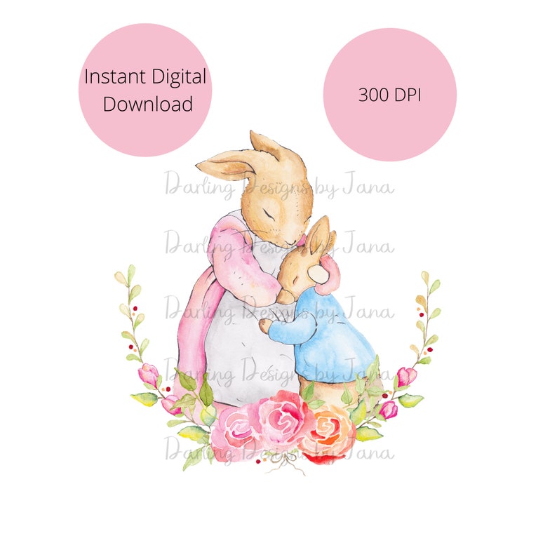 Peter Rabbit and Mom Rabbit Hugging With Floral Bouquet PNG - Etsy