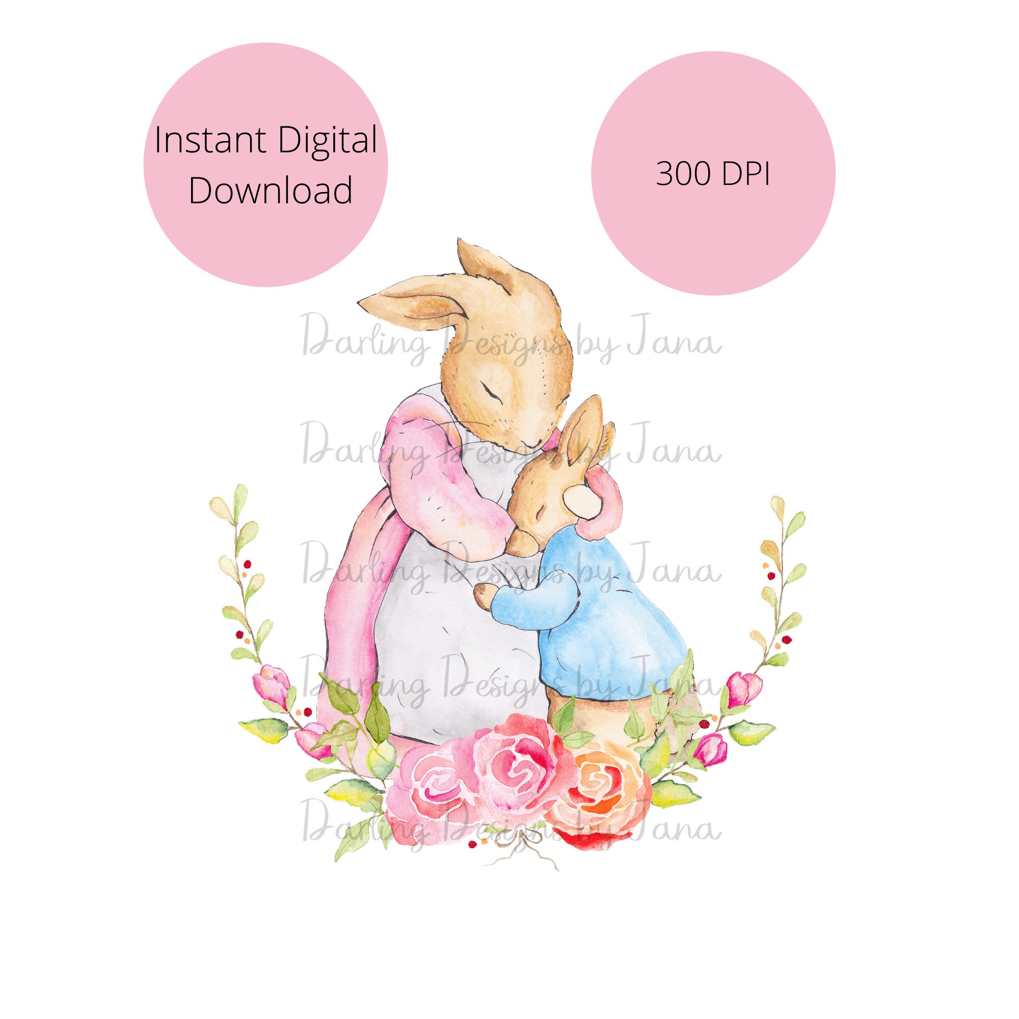 Peter Rabbit and Mom Rabbit Hugging With Floral Bouquet PNG - Etsy