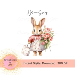 Welcome Spring PNG, Adorable Rabbit Carrying Flowers and Bag, Instant ...