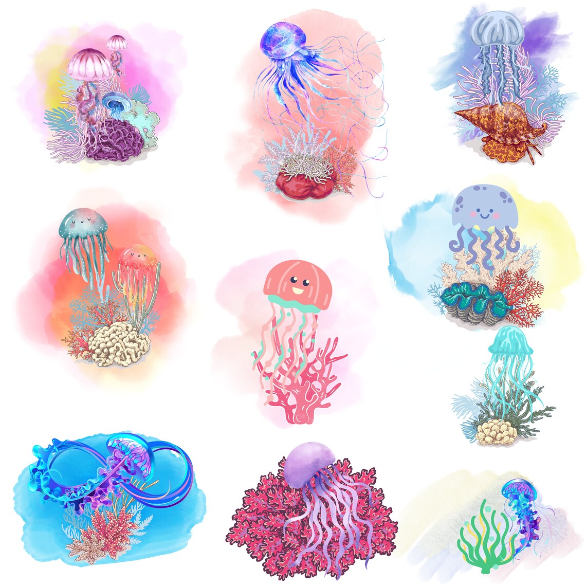 Jellyfish Watercolor Clipart, Cute Unique Sea Creatures PNG, SVG, PDF ...