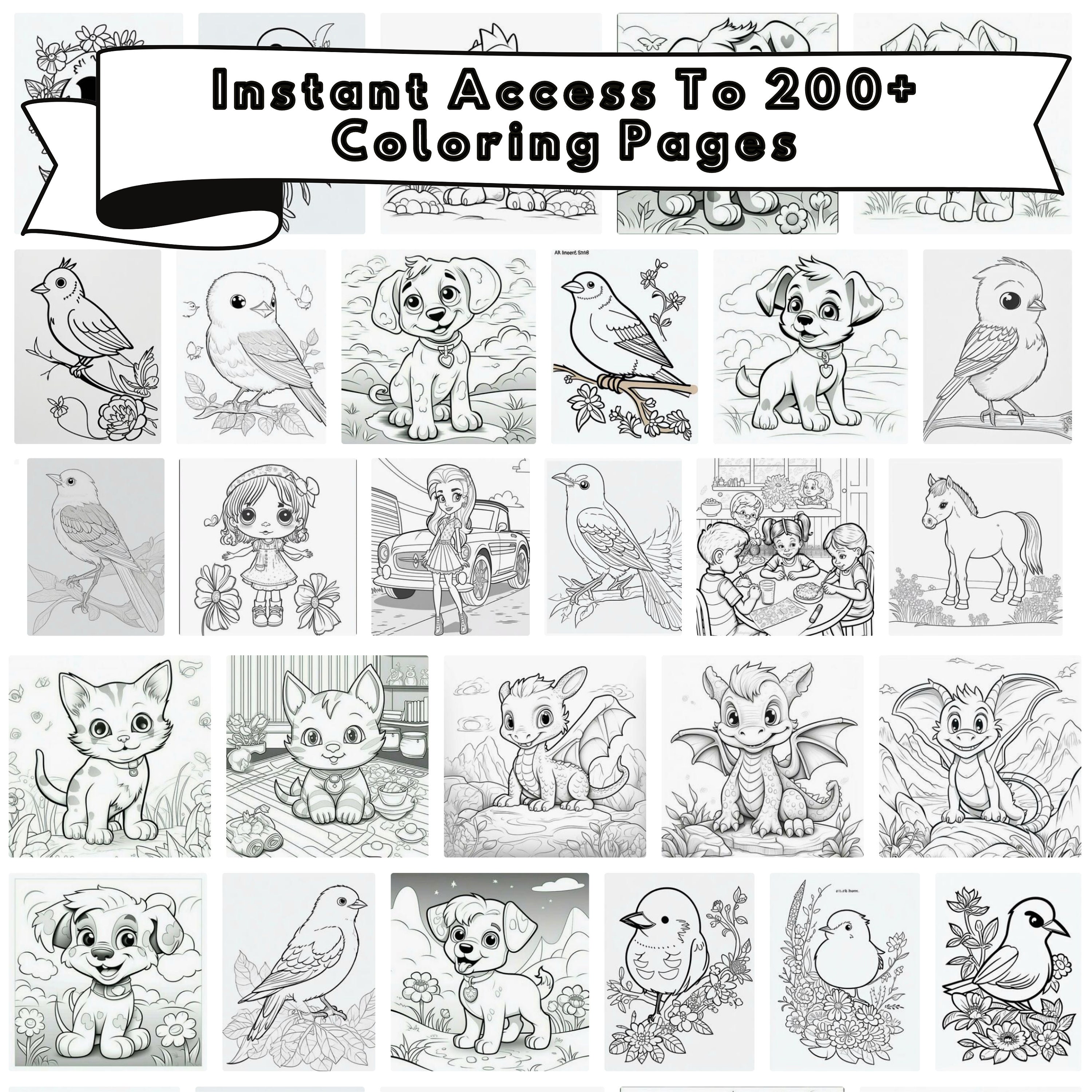 200 Coloring Pages for Kids, Instant Access, Diverse Range of Themes ...