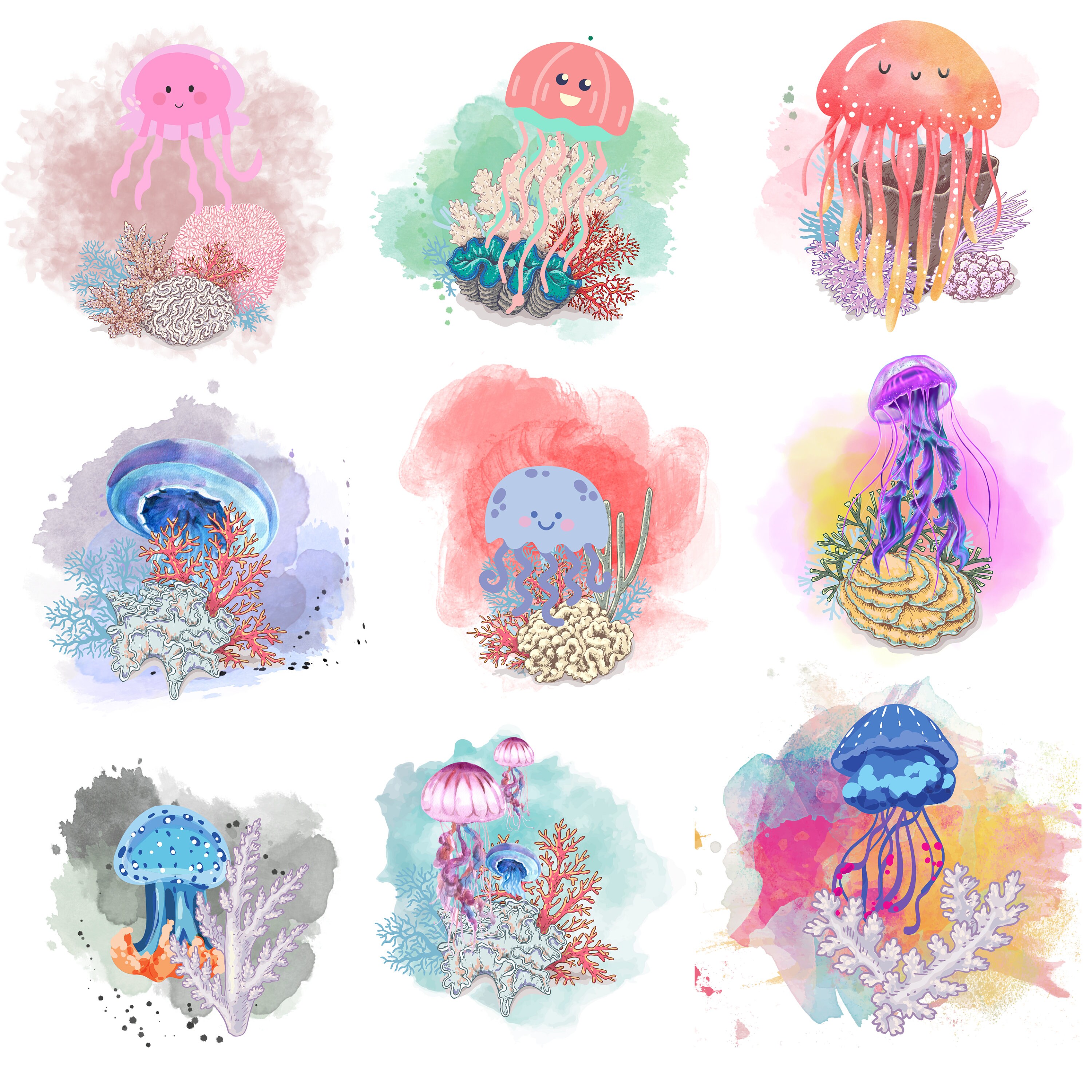 Jellyfish Watercolor Clipart, Cute Unique Sea Creatures PNG, SVG, PDF ...