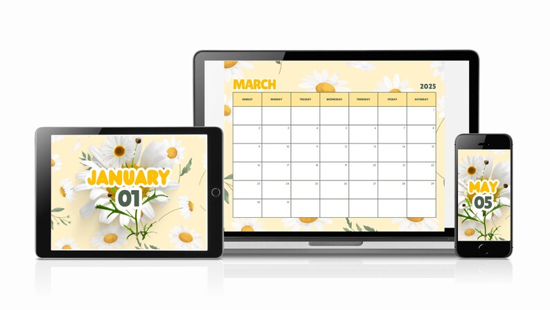 2025 Yellow and White Daisy Floral Monthly Wall Calendar, Digital Files ...