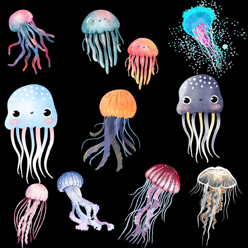Jellyfish Watercolor Clipart, Cute Unique Sea Creatures PNG, SVG, PDF ...