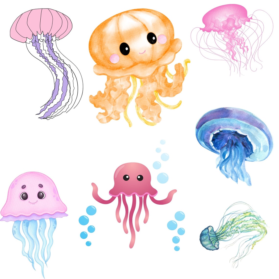 Jellyfish Watercolor Clipart Cute Unique Sea Creatures PNG - Etsy