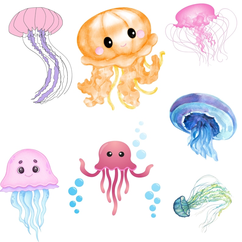 Jellyfish Watercolor Clipart, Cute Unique Sea Creatures PNG, SVG, PDF ...