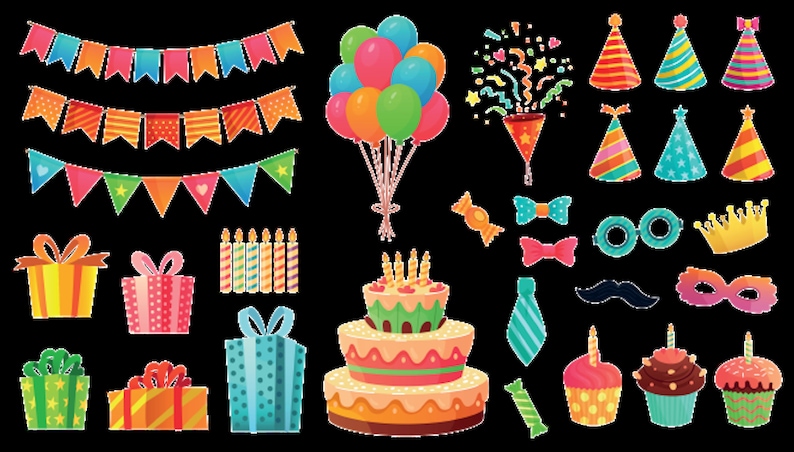 Cartoon Birthday Party Decorations. Gifts Presents, Sweet Cupcakes and ...