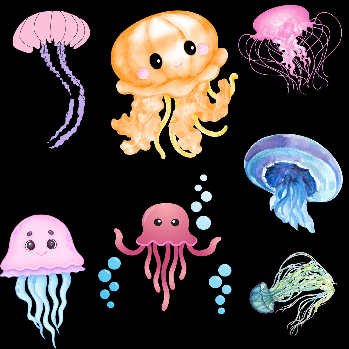 Jellyfish Watercolor Clipart Cute Unique Sea Creatures PNG - Etsy