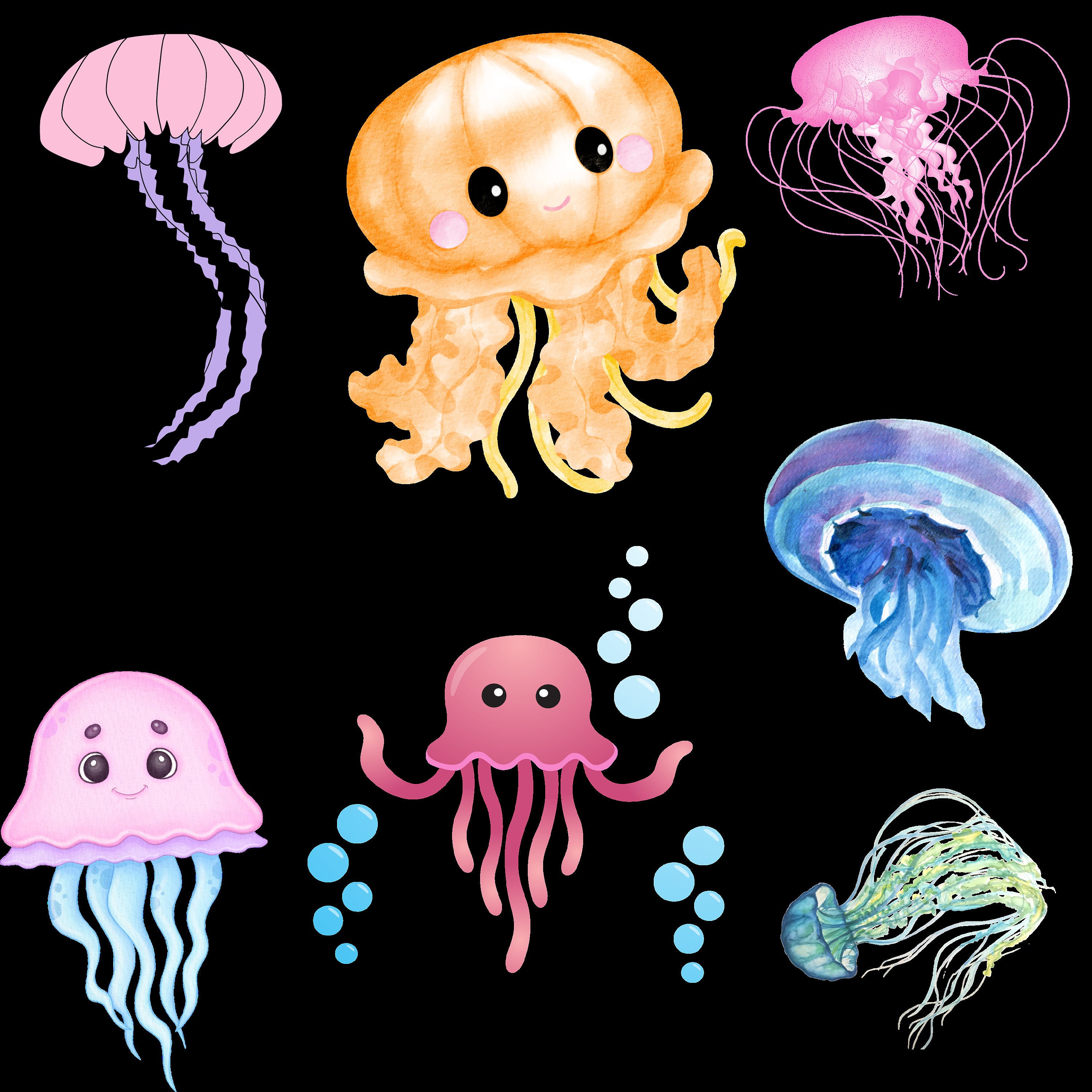 Jellyfish Watercolor Clipart, Cute Unique Sea Creatures PNG, SVG, PDF ...