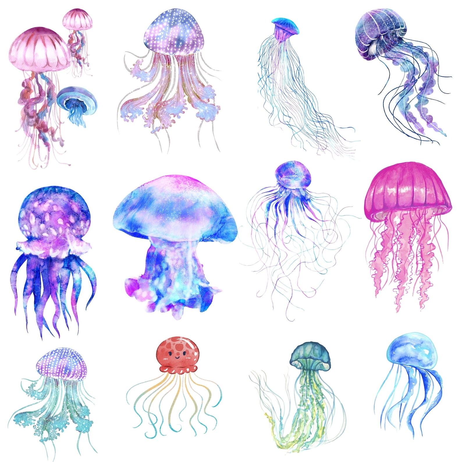 Jellyfish Watercolor Clipart, Cute Unique Sea Creatures PNG, SVG, PDF ...