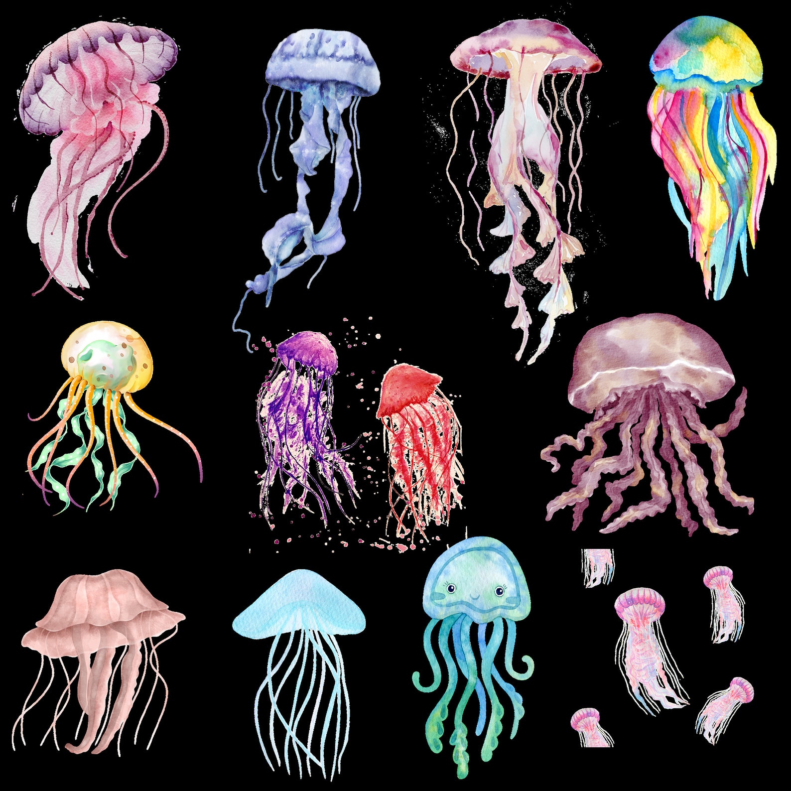 Jellyfish Watercolor Clipart, Cute Unique Sea Creatures PNG, SVG, PDF ...