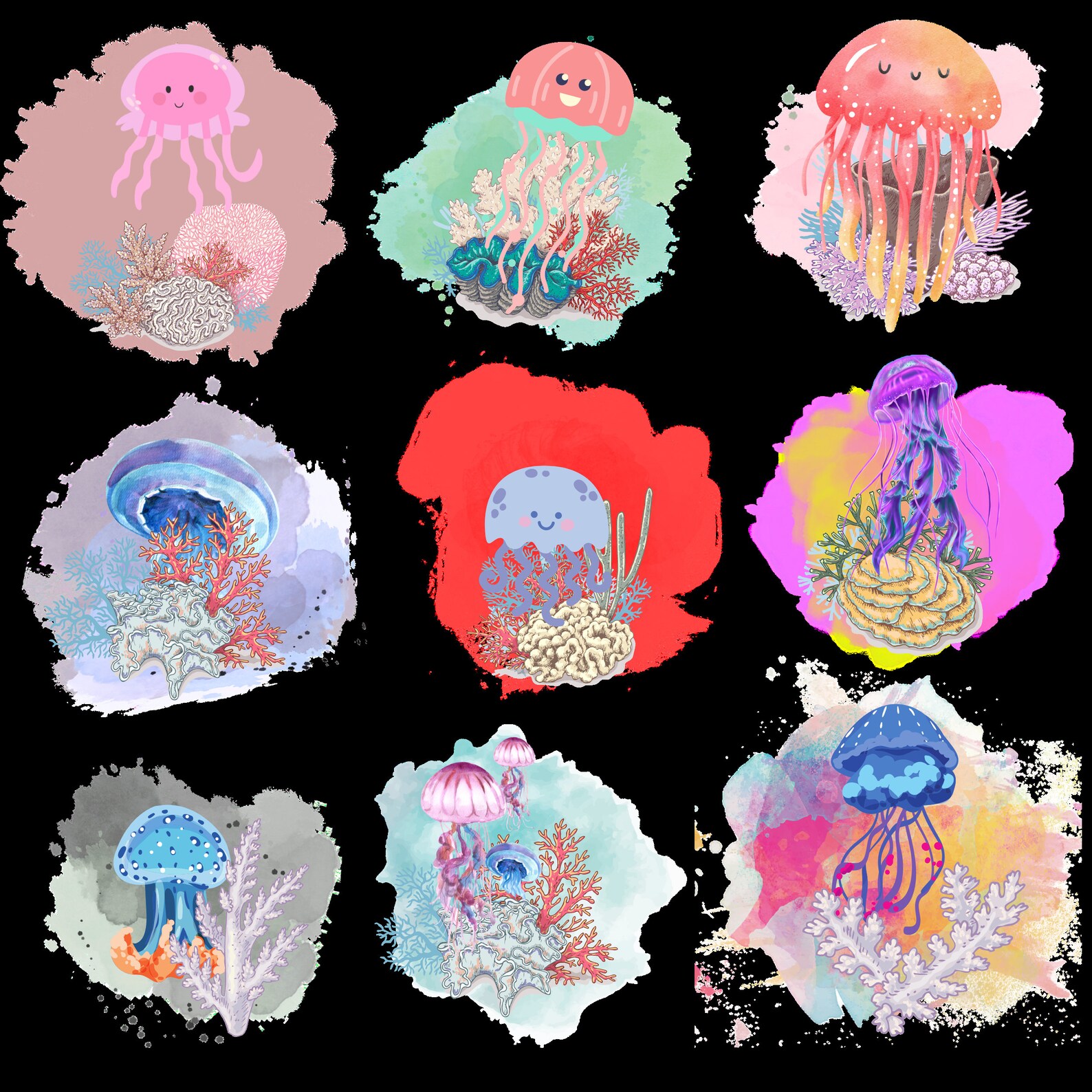 Jellyfish Watercolor Clipart, Cute Unique Sea Creatures PNG, SVG, PDF ...