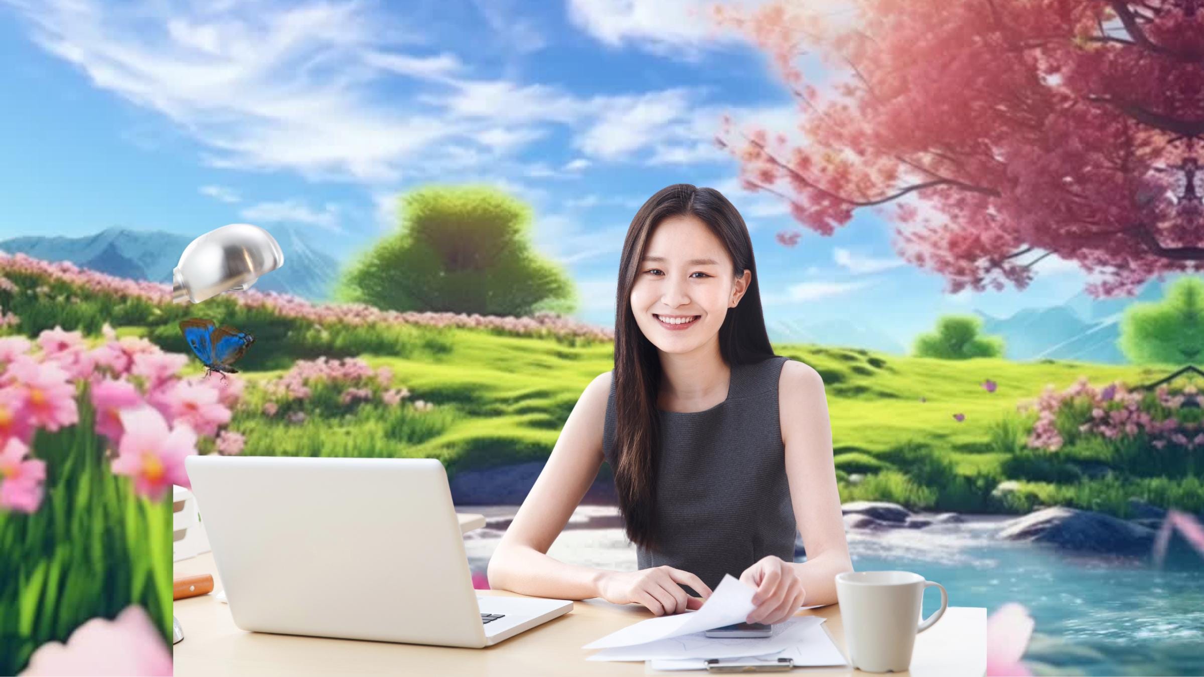 Spring Nature Landscape Cherry Blossom Tree Animated Virtual Zoom ...