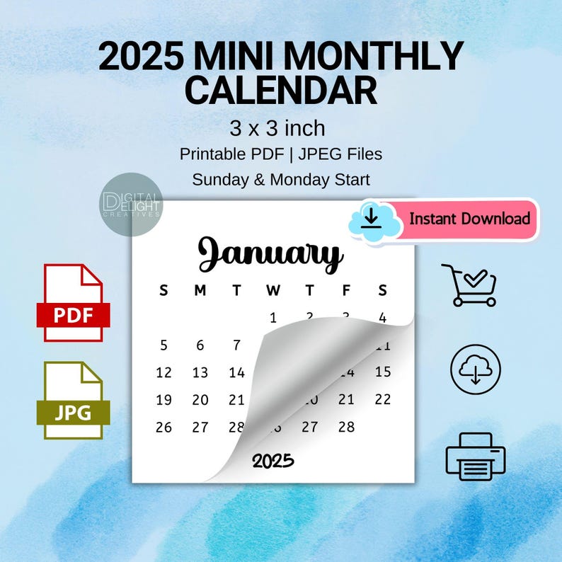 2025 3x3 Mini Monthly Calendar Printable Mini 3x3 Inch Calendar PDF and ...