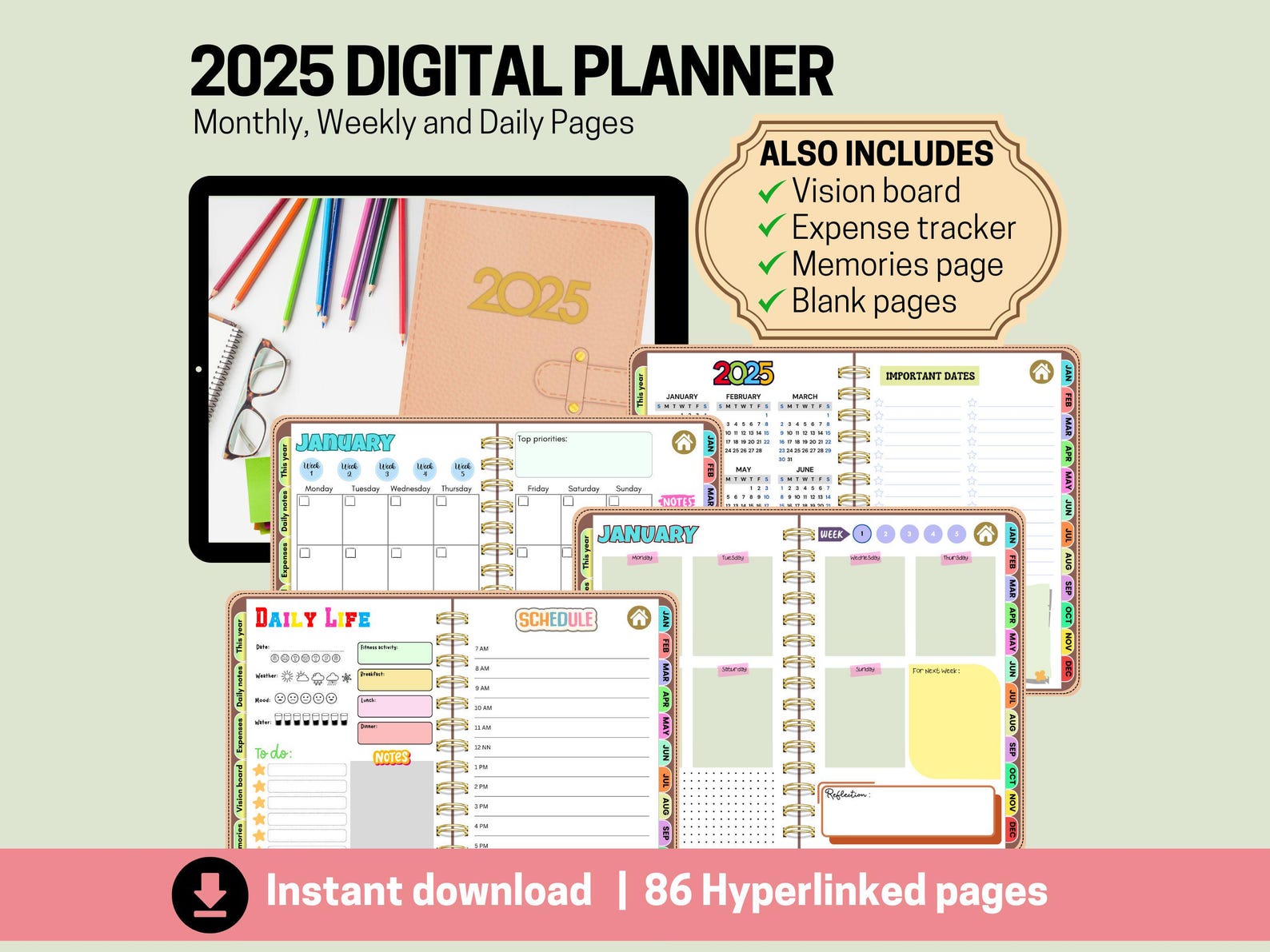 2025 Digital Planner Landscape Digital Hyperlinked Journal Monthly ...