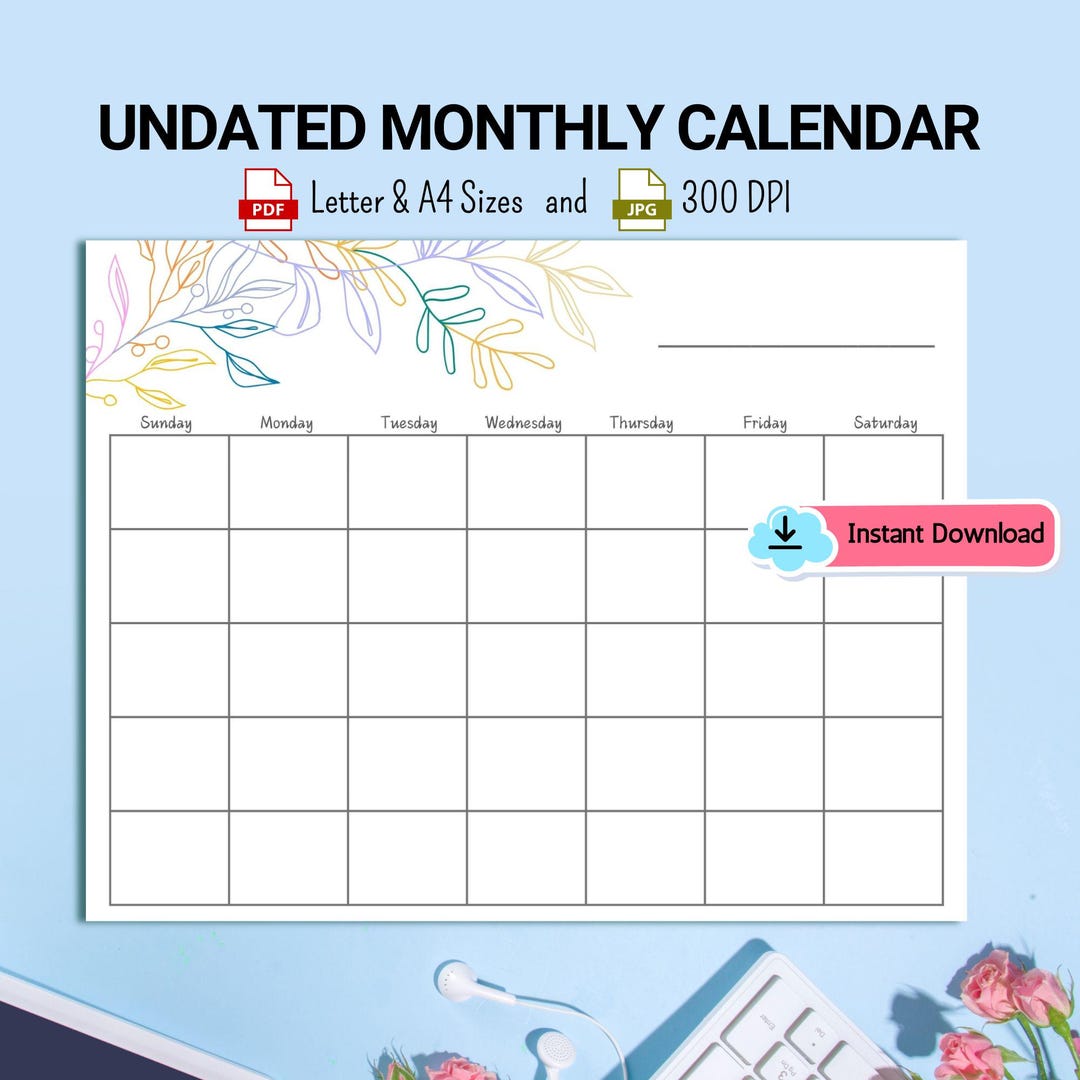 Undated Monthly Calendar Printable, Simple Planner Template (PDF, JPG ...
