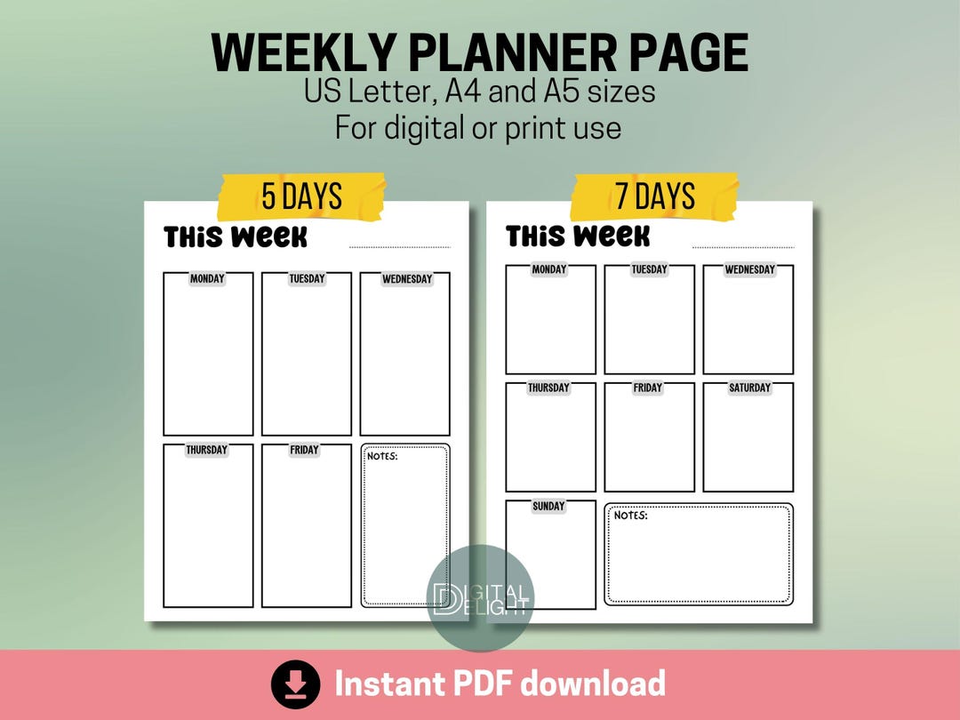 Simple Weekly Planner Pages Digital Download and Printable PDF Weekly ...