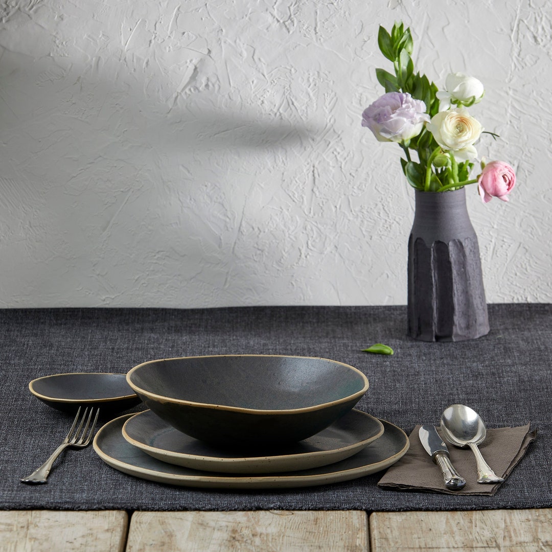 Handmade Matte Black Dinnerware Set of 3 Pieces - Modern Ceramic Dining ...
