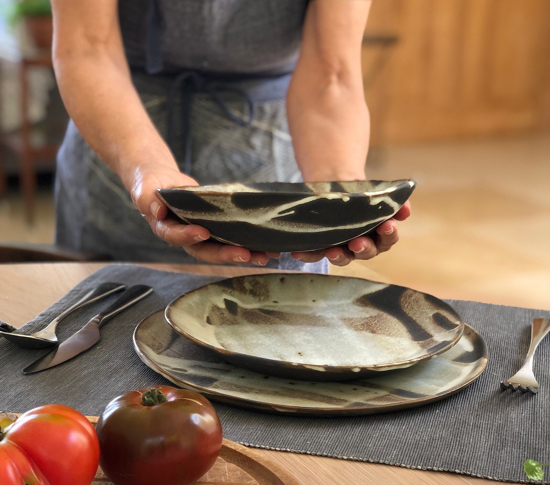 Rustic Pottery Dinnerware Set Black Brown and White Handmade Ceramics ...