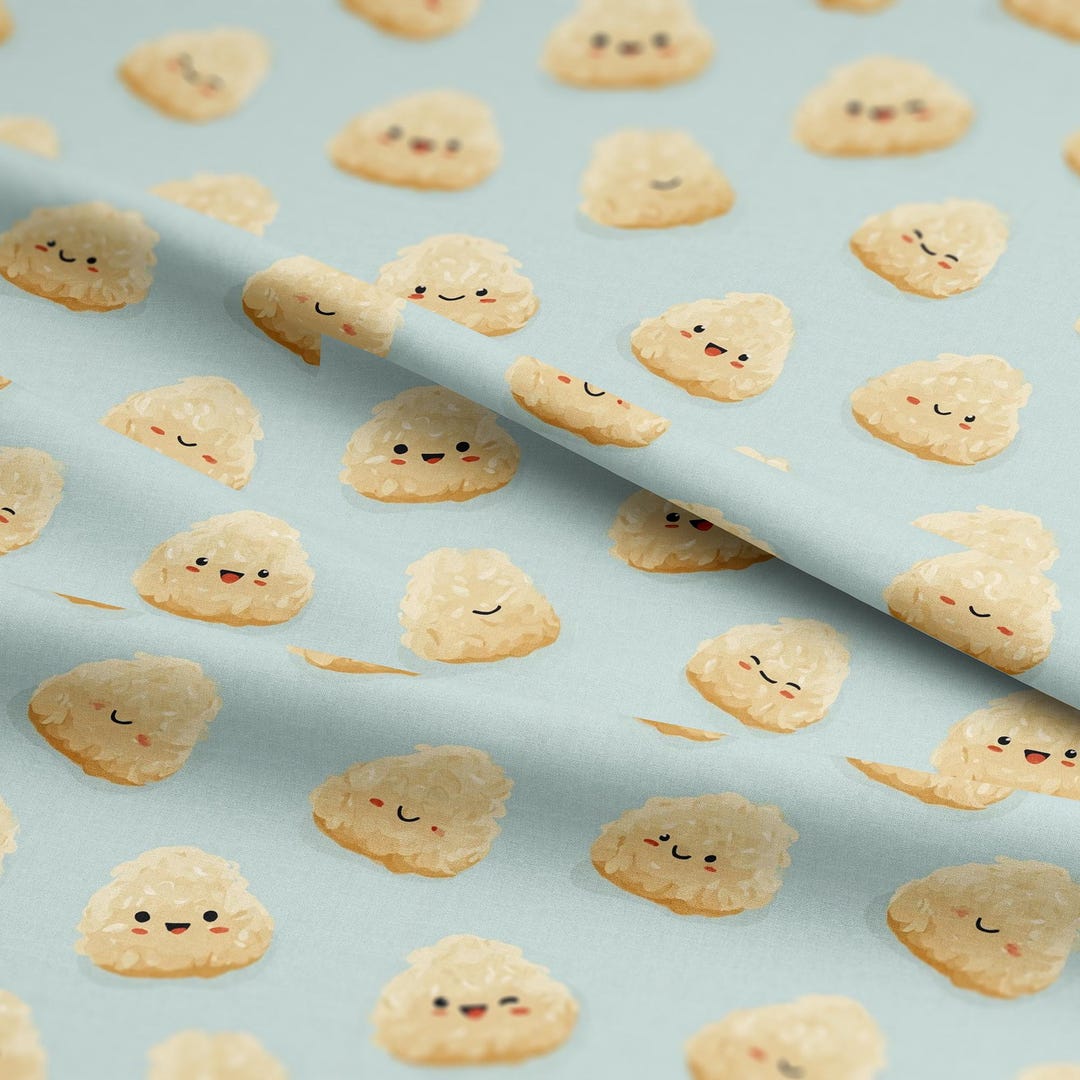Cute Kawaii Rice Balls With Happy Faces Pattern, Fabric by the Yard, 58 ...