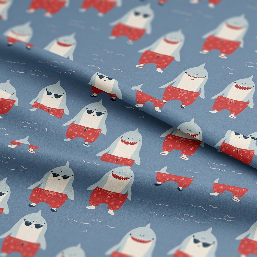 Cute Sharks Pattern, Fabric by the Yard, 58 In