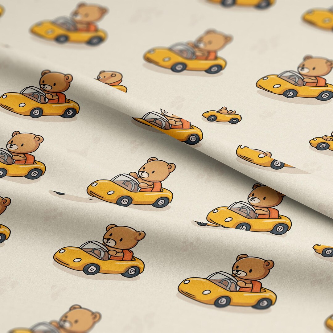 Cute Teddy Bears Driving Cars Pattern, Fabric by the Yard, 58 In" Wide ...