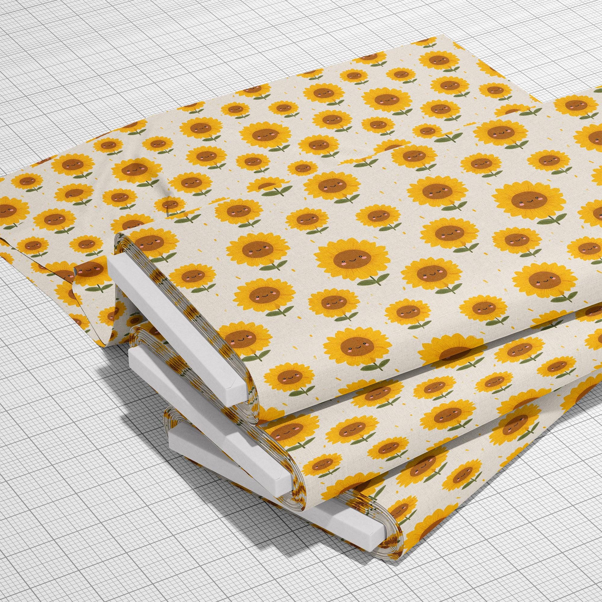 Cute Smiling Sunflowers Pattern, Fabric by the Yard, 58 In