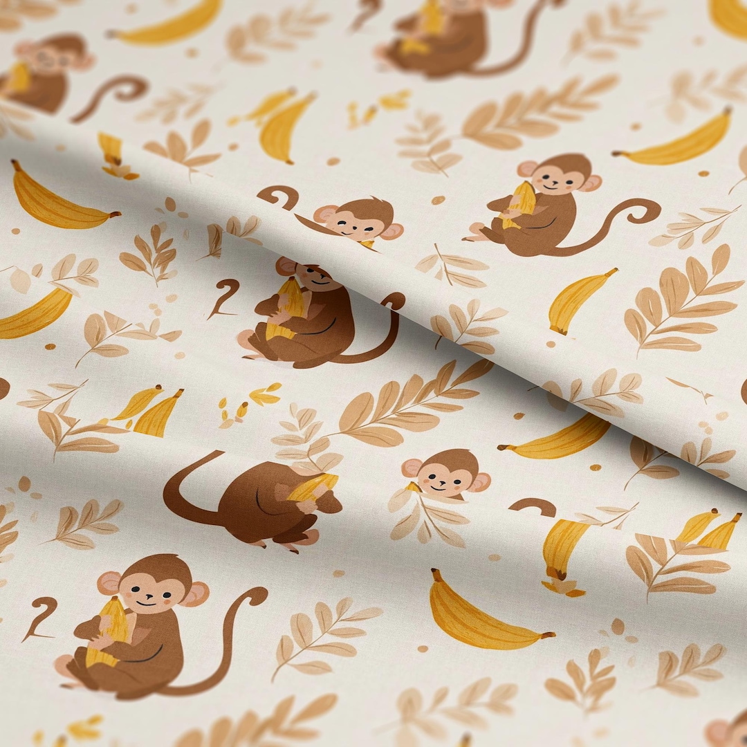 Cute Monkey and Banana Pattern, Fabric by the Yard, 58 In
