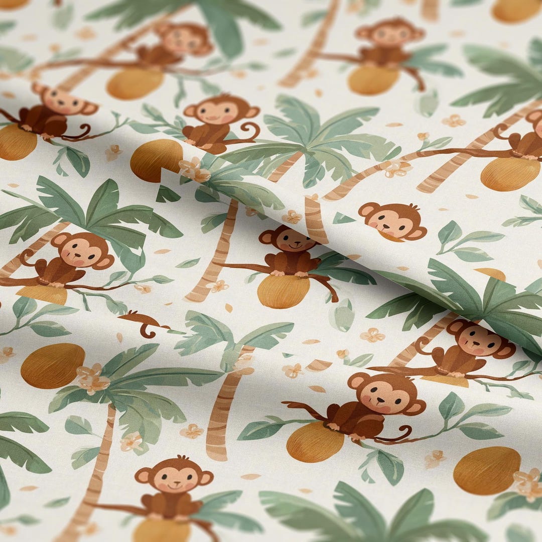 Cute Monkey With Coconuts Pattern, Fabric by the Yard, 58 In