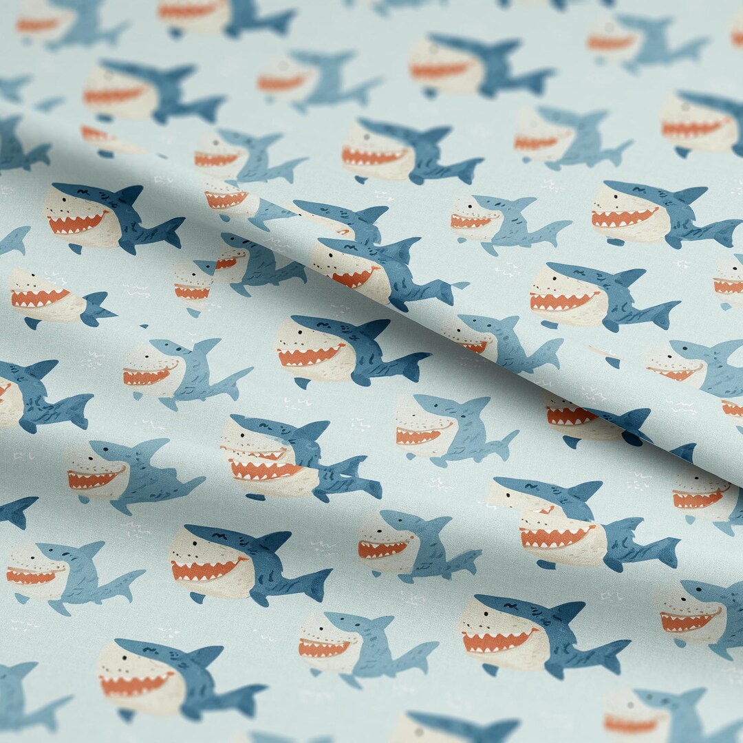Cute Shark With Marine Life Pattern, Fabric by the Yard, 58 In