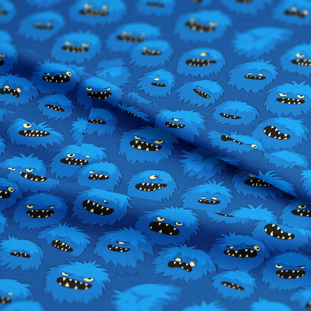 Cute Blue Furry Monsters Pattern, Fabric by the Yard, 58 In