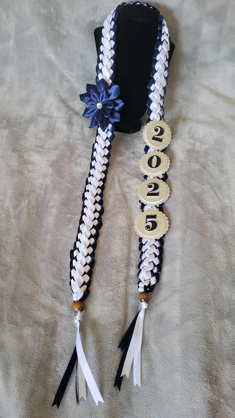 2025 Graduation Lei: Double Braided White & Navy Satin Ribbon - Etsy