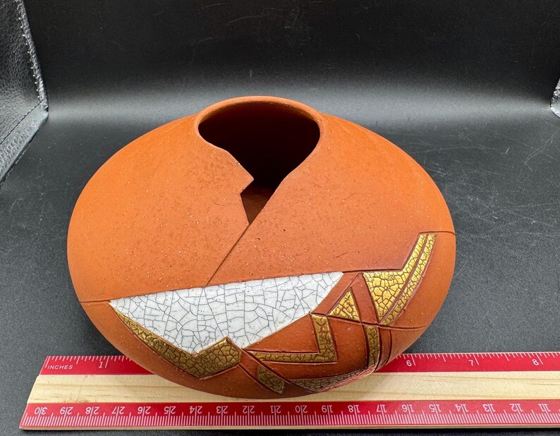 TERRY HABEGER Art Pottery Metallic Gold Crackle White Crackle Ceramic ...