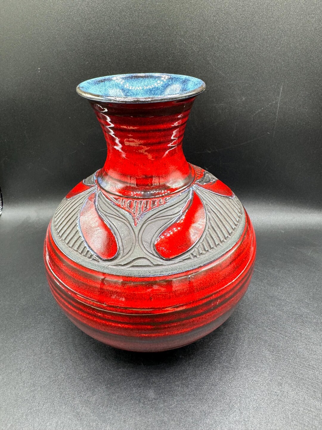 Larry Allen Pottery Vase Red Blue Black Glaze Black Clay Signed 2007 - Etsy