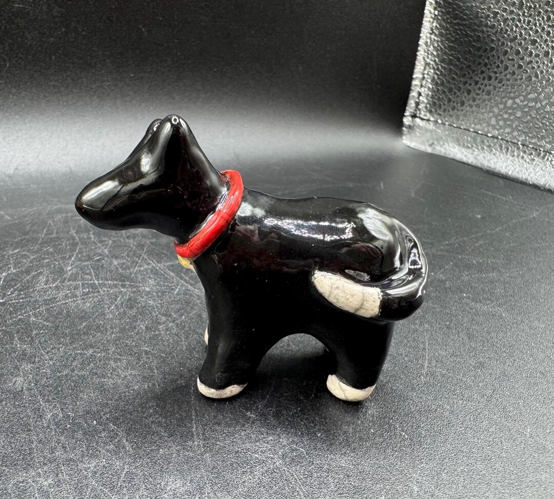 Raku Black and White Dog Figurine Red Collar Artist Ruth Apter 100 ...