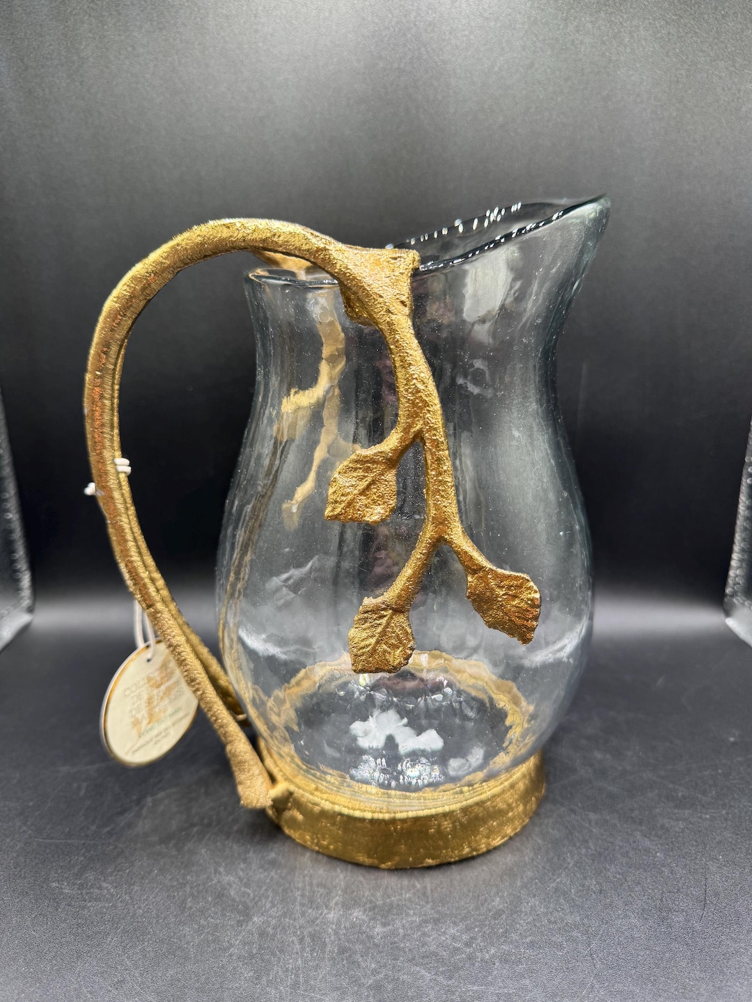 Artisan Glass Pitcher With Gold Metal Leaves Ornate Handle Designed by ...