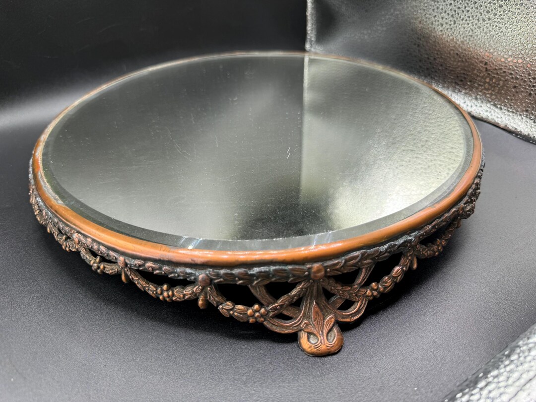 Antique Brass and Copper Plateau Mirror Platform Ornate Feet Round ...