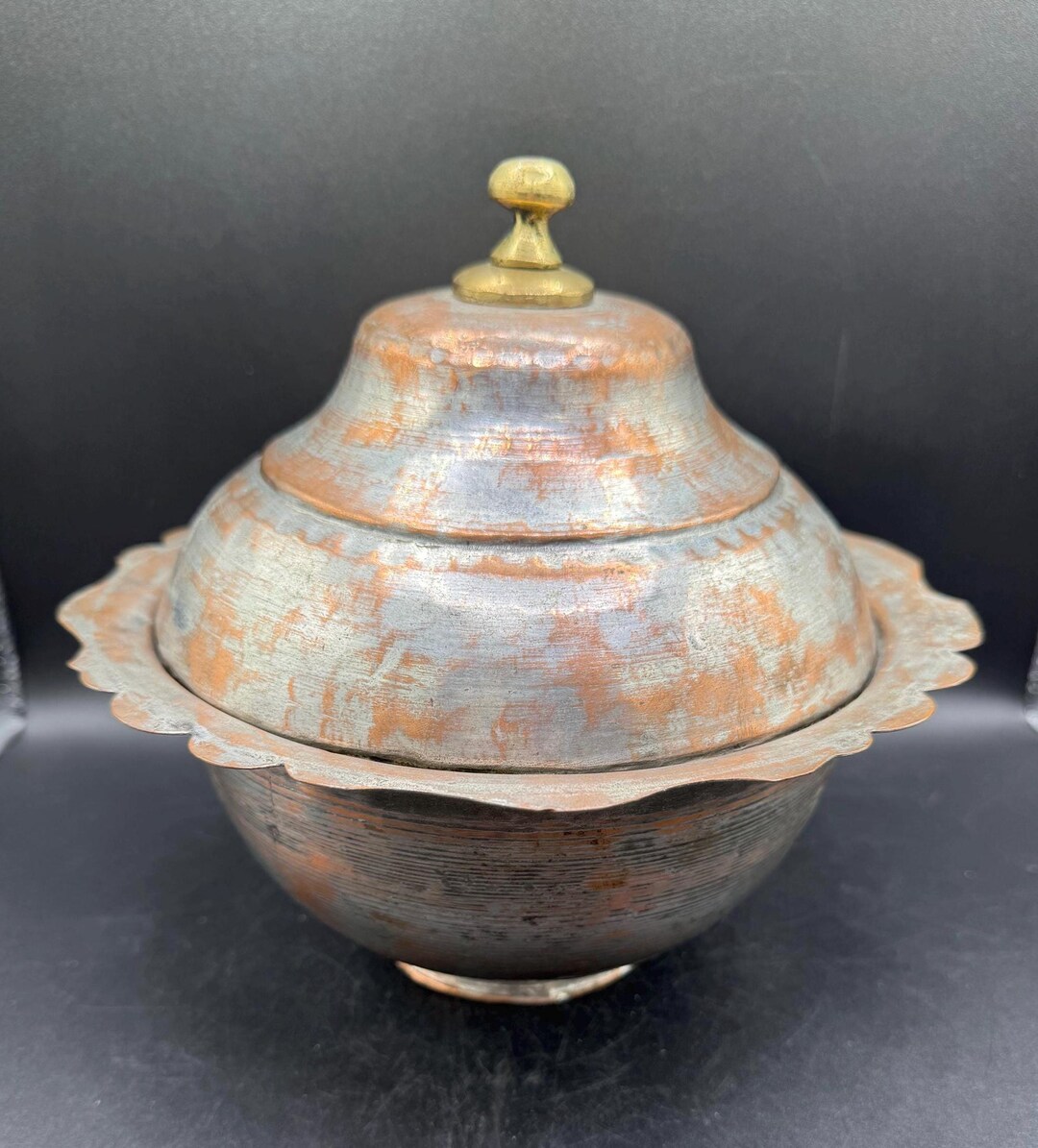 Antique Arabic Islamic Middle East Copper Tin Bowl With Lid Brass Knob ...