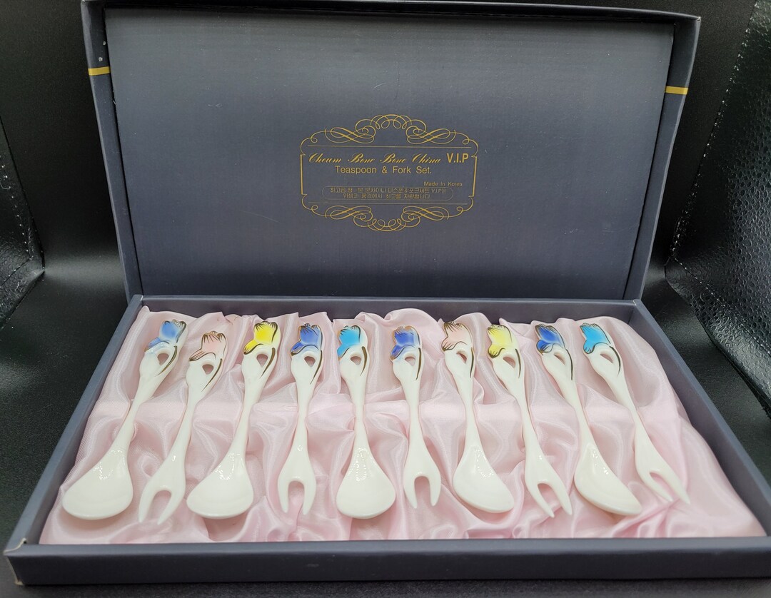 Vintage Bone China Teaspoon Fork Set Floral Chum Bone Korea Box Set of ...