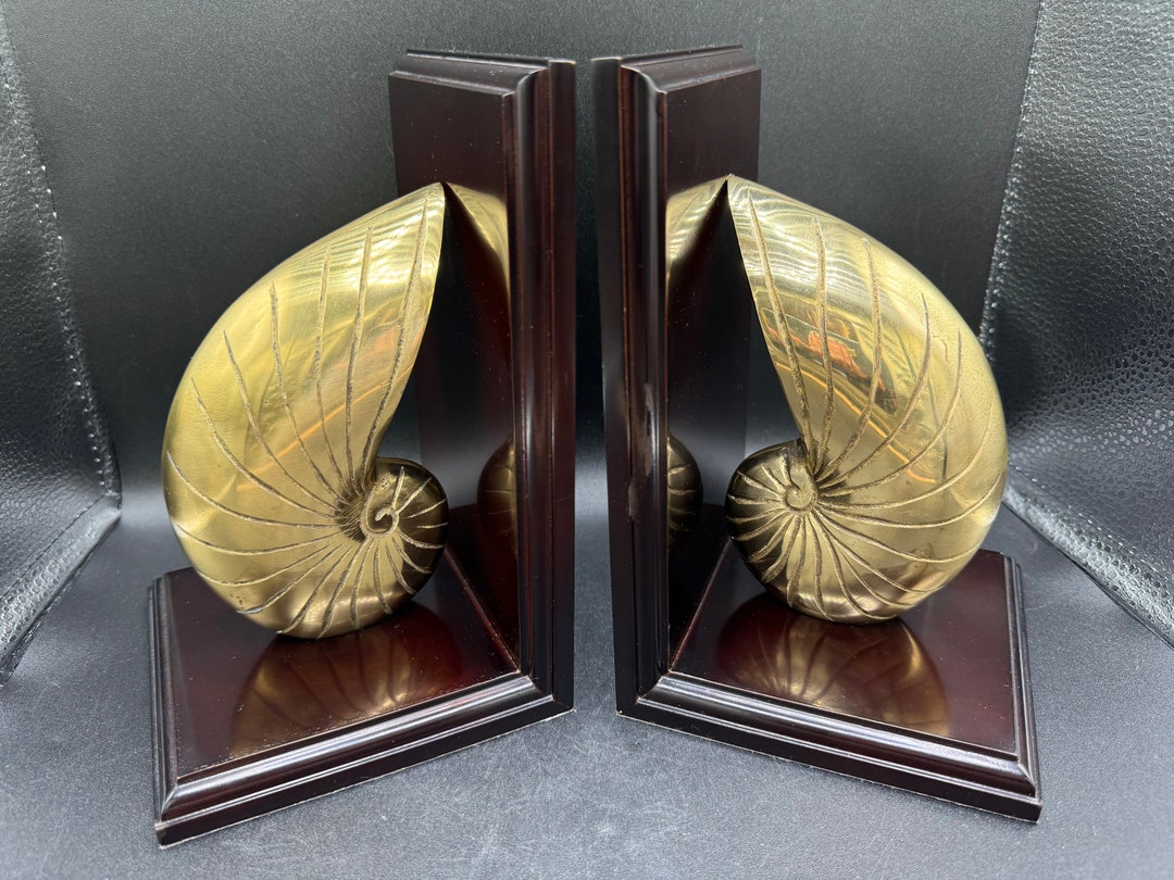 Vintage Bombay Brass Wood Nautilus Shell Bookends Home Decor 2 Pc Set ...