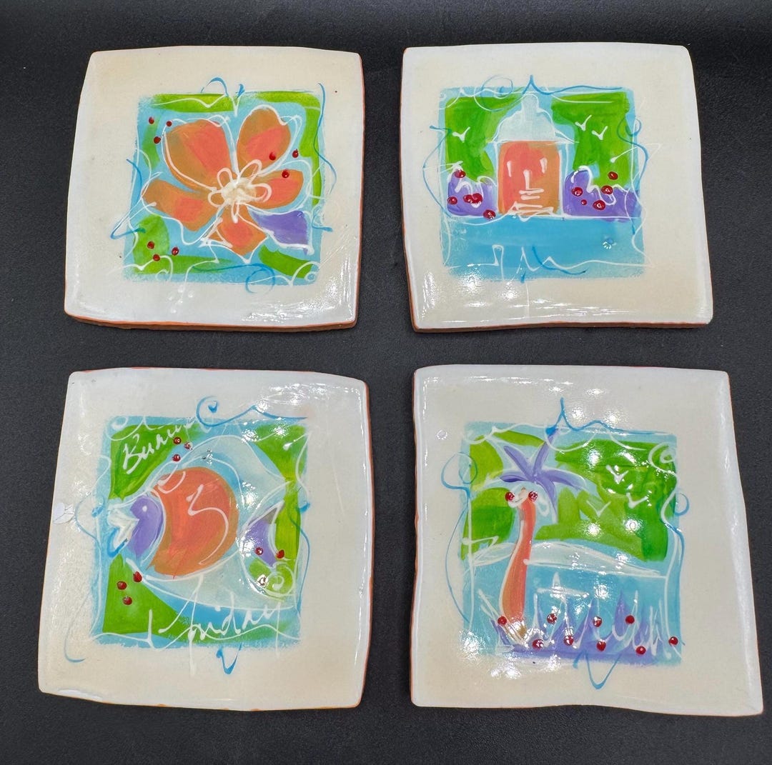 Tropical Beach Theme Ceramic Tile Coasters Fish Flower Hand Painted ...